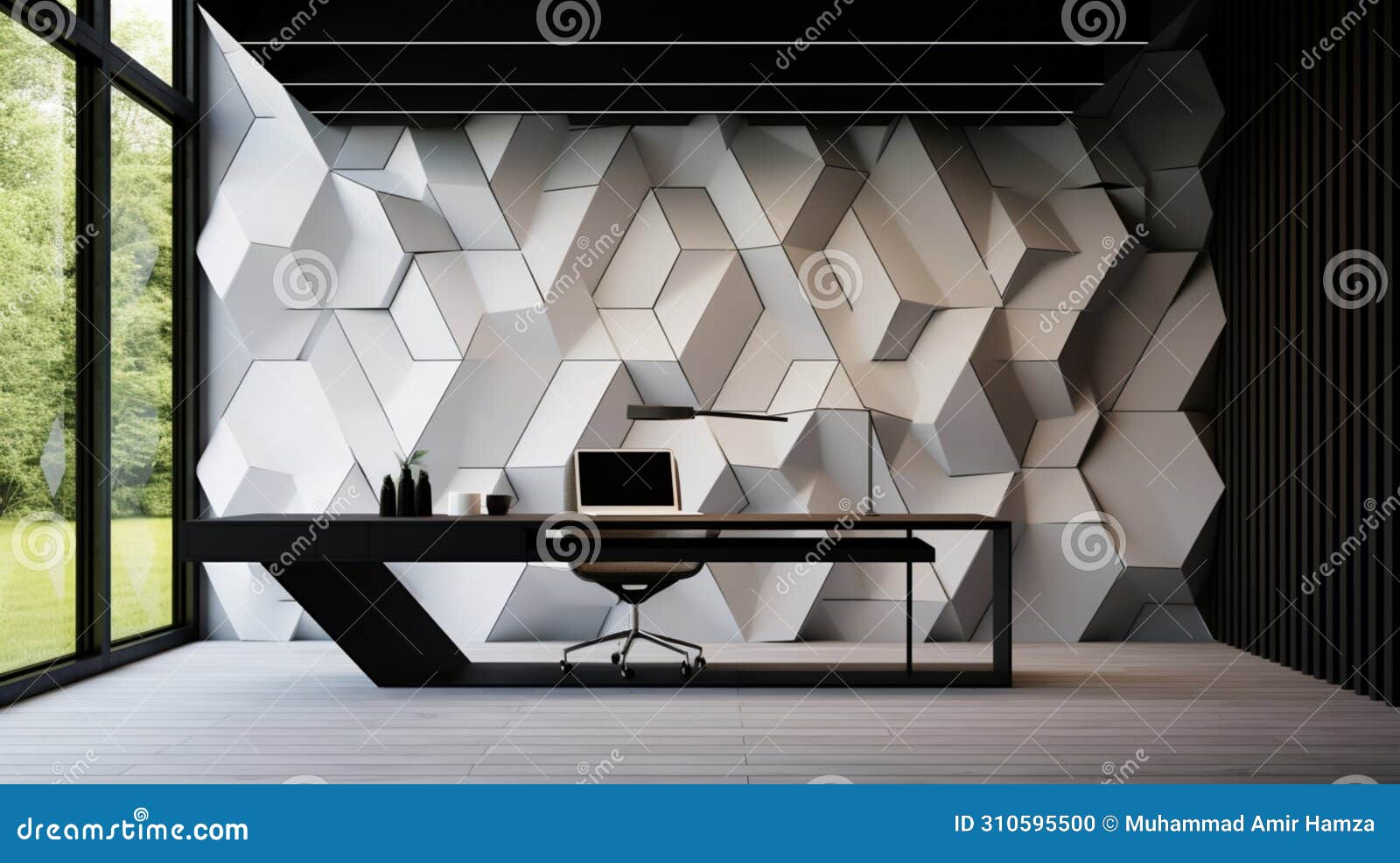 A Chic Office Space with a 3D Hexagonal Wall Pattern in White, Paired ...
