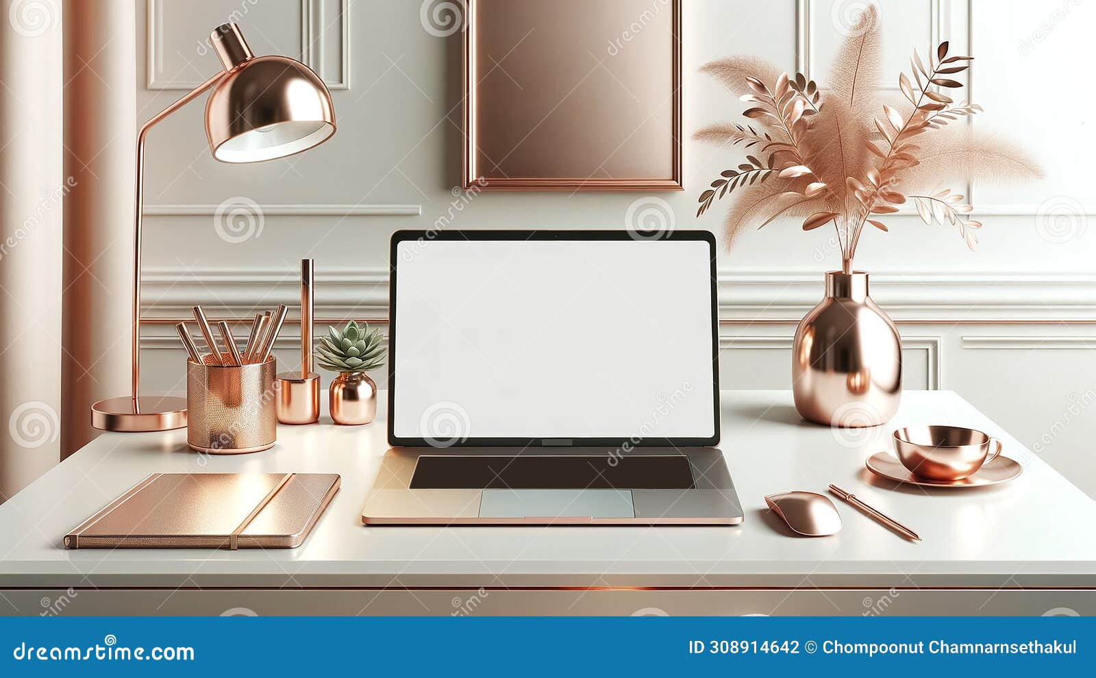 A Chic and Stylish Office Desk Interior, Featuring a Laptop with a ...