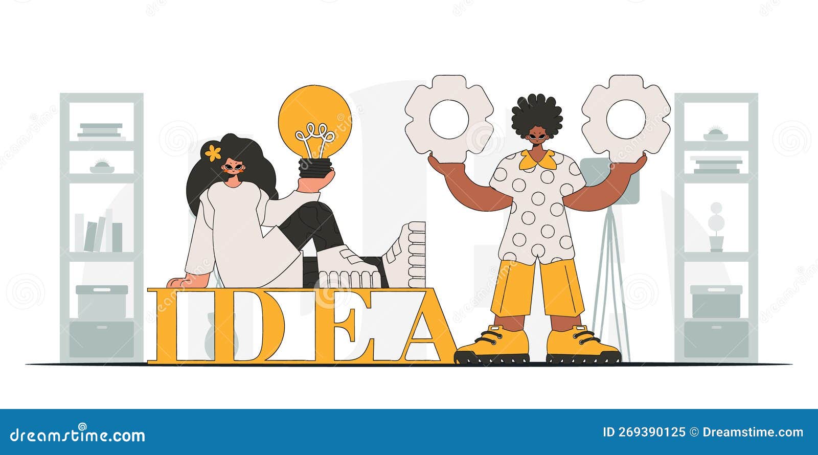 A Chic Team Generates Ideas and Solves Problems. Light Bulb and Gears ...