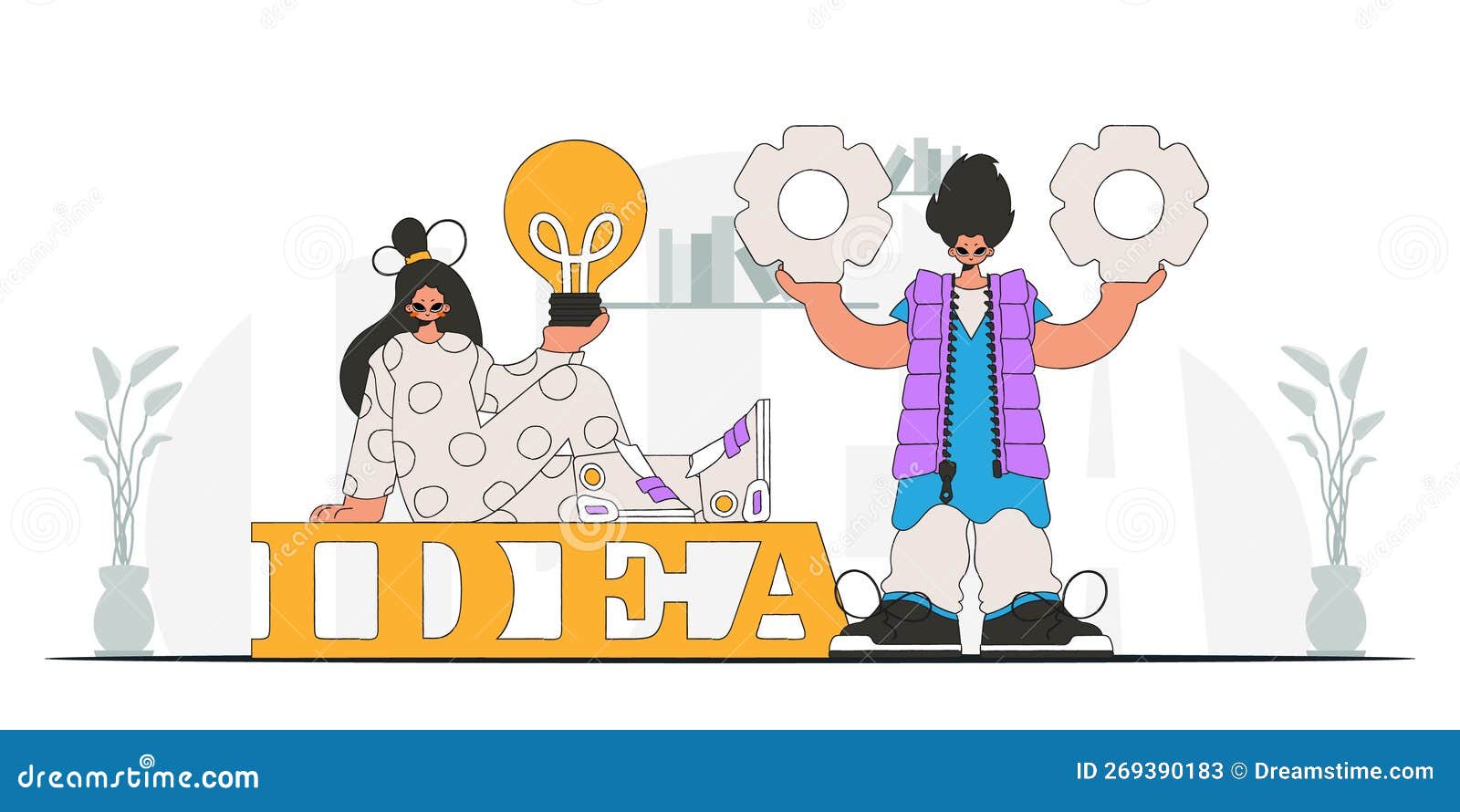 A Chic Team Solves Problems and Generates Ideas. Light Bulb and Gears ...