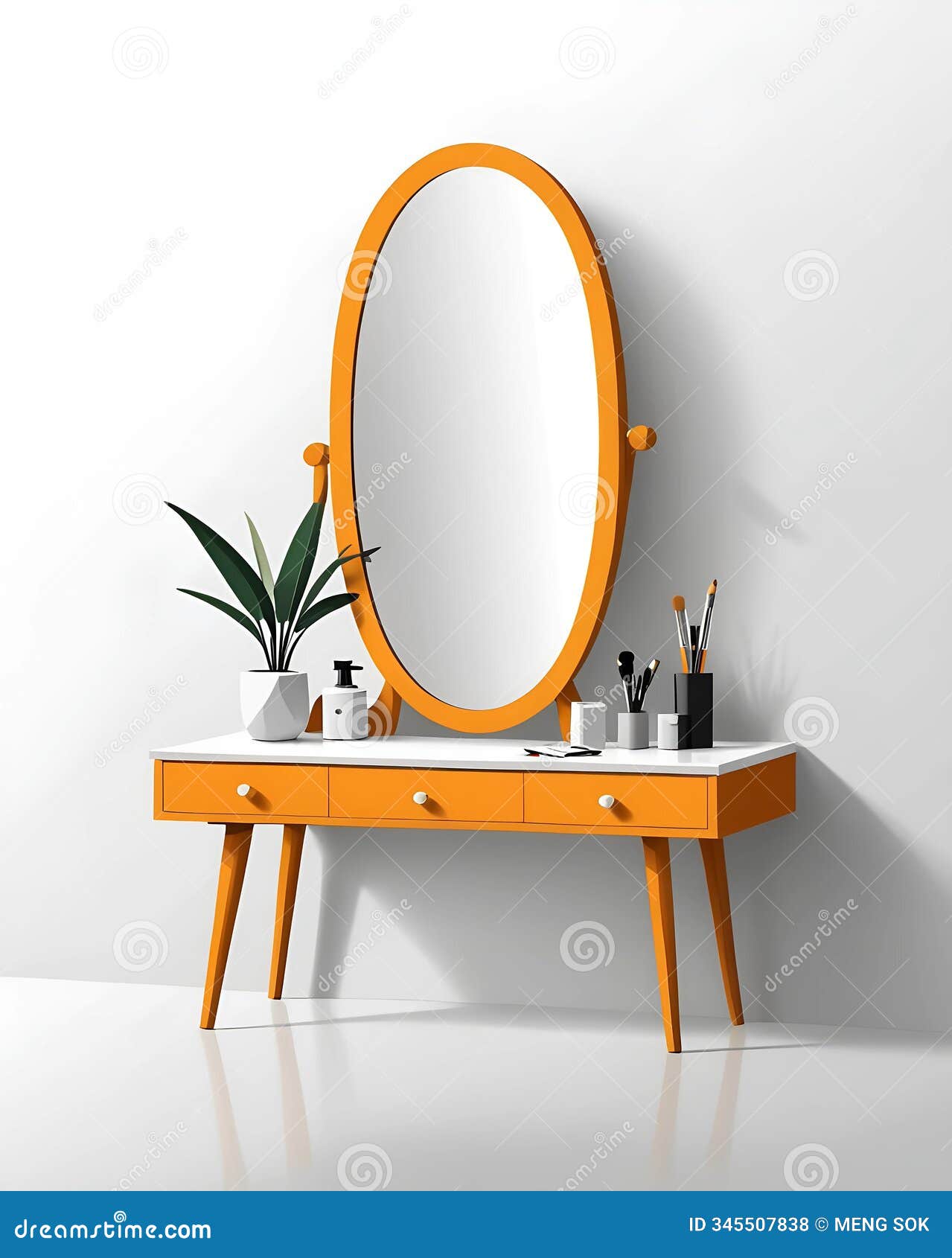 Chic White Vanity Table Featuring a Spacious Oval Mirror and Plants in ...