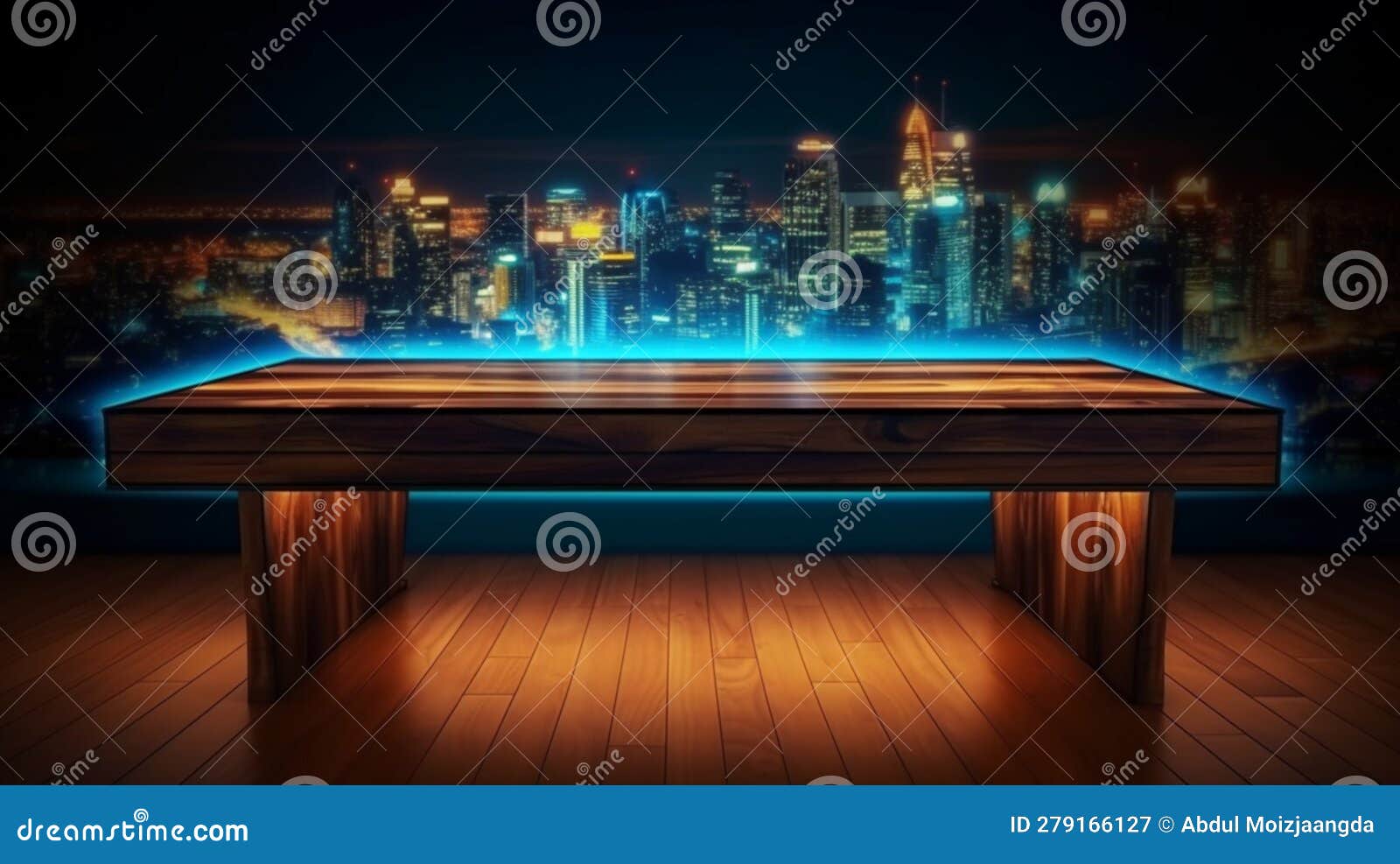 Chic Wooden Table in Front of Abstract Neon Light and Night View. Stock ...