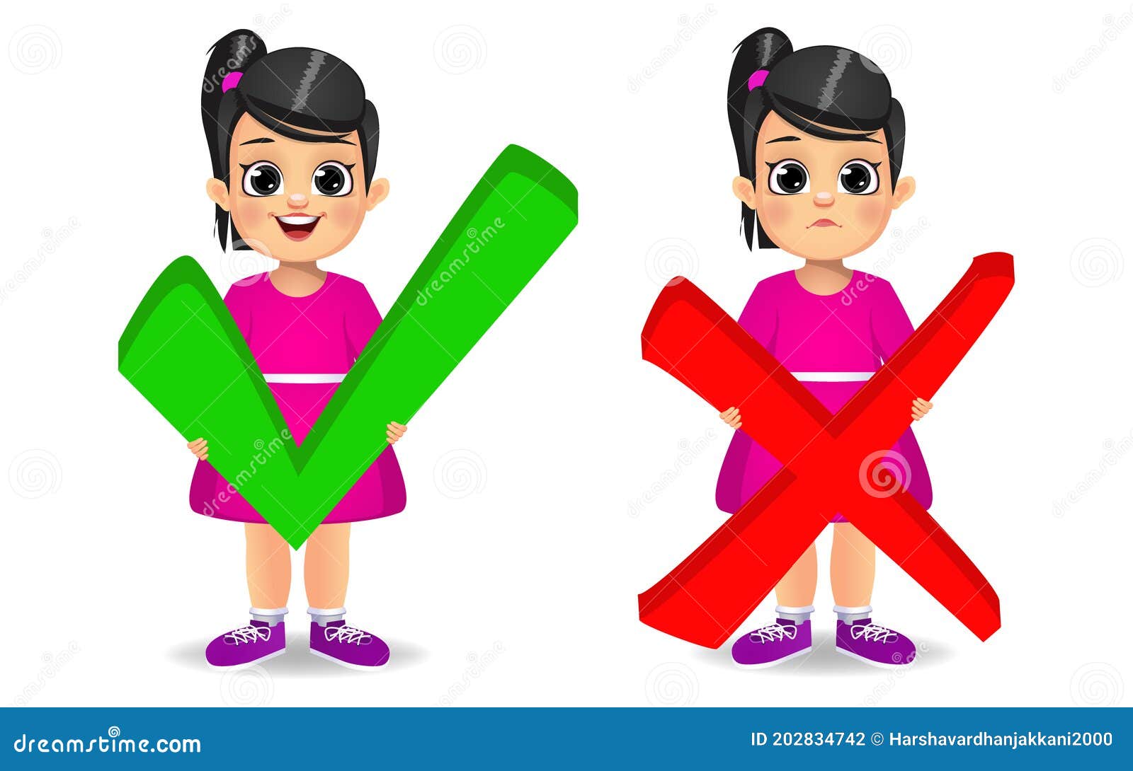 Chica Linda Con Vector De Signos Correcto E Incorrecto Stock de ...
