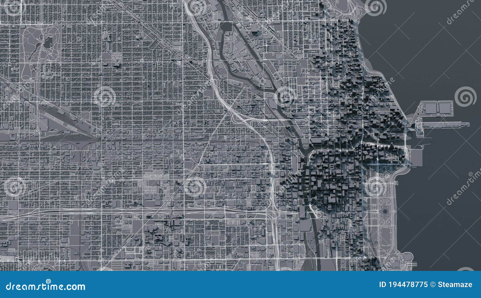 Chicago city 3d map. stock illustration. Illustration of river - 194478775