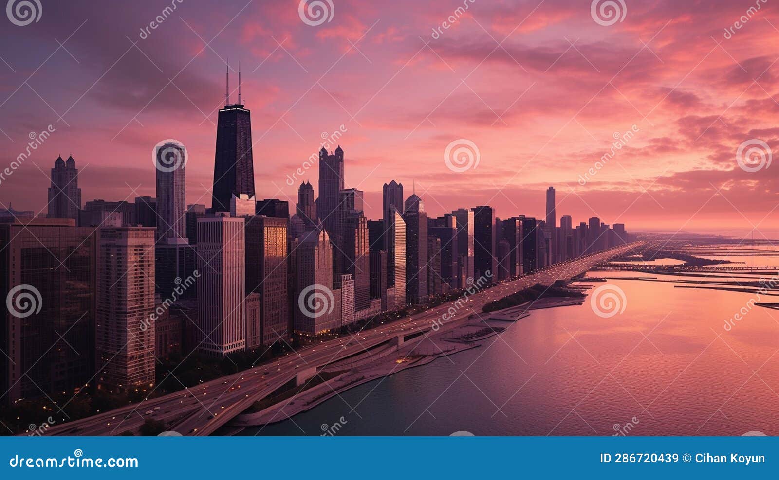 Chicago cityscape in dawn stock illustration. Illustration of sunrise ...
