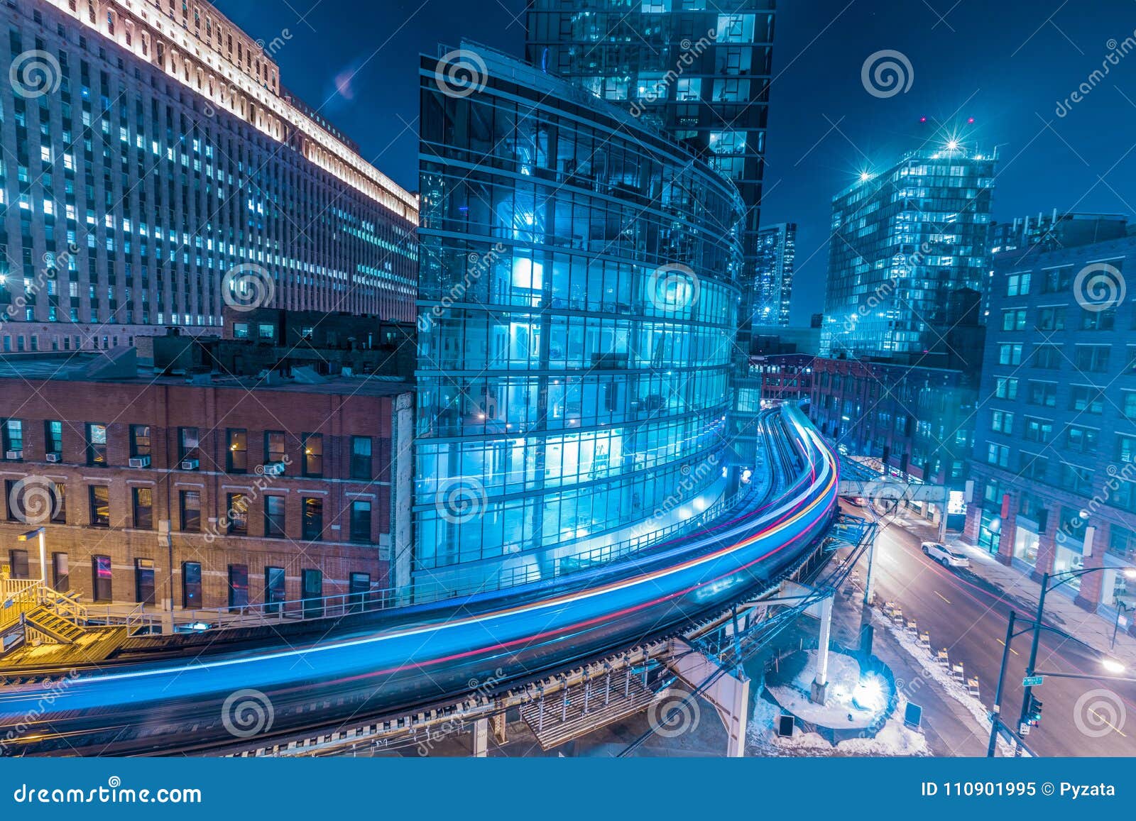 Chicago Downtown Train Light Trails Stock Image - Image of illuminated ...