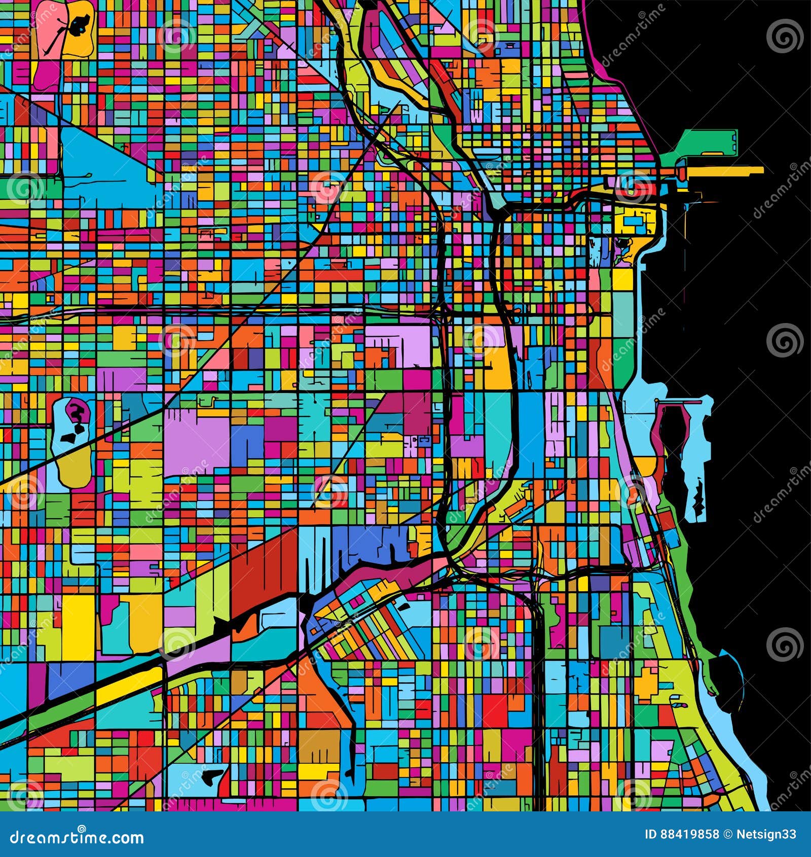 Chicago, EUA, Mapa Colorido Do Vetor No Preto Ilustração do Vetor ...