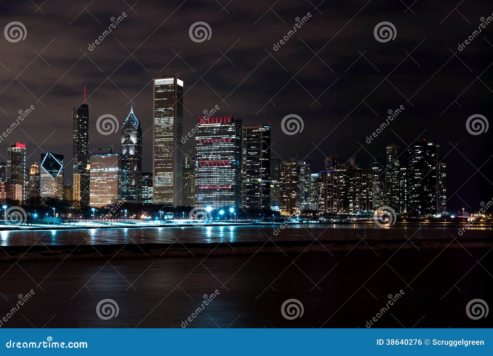 Chicago Night Skyline stock photo. Image of lake, dusk - 38640276