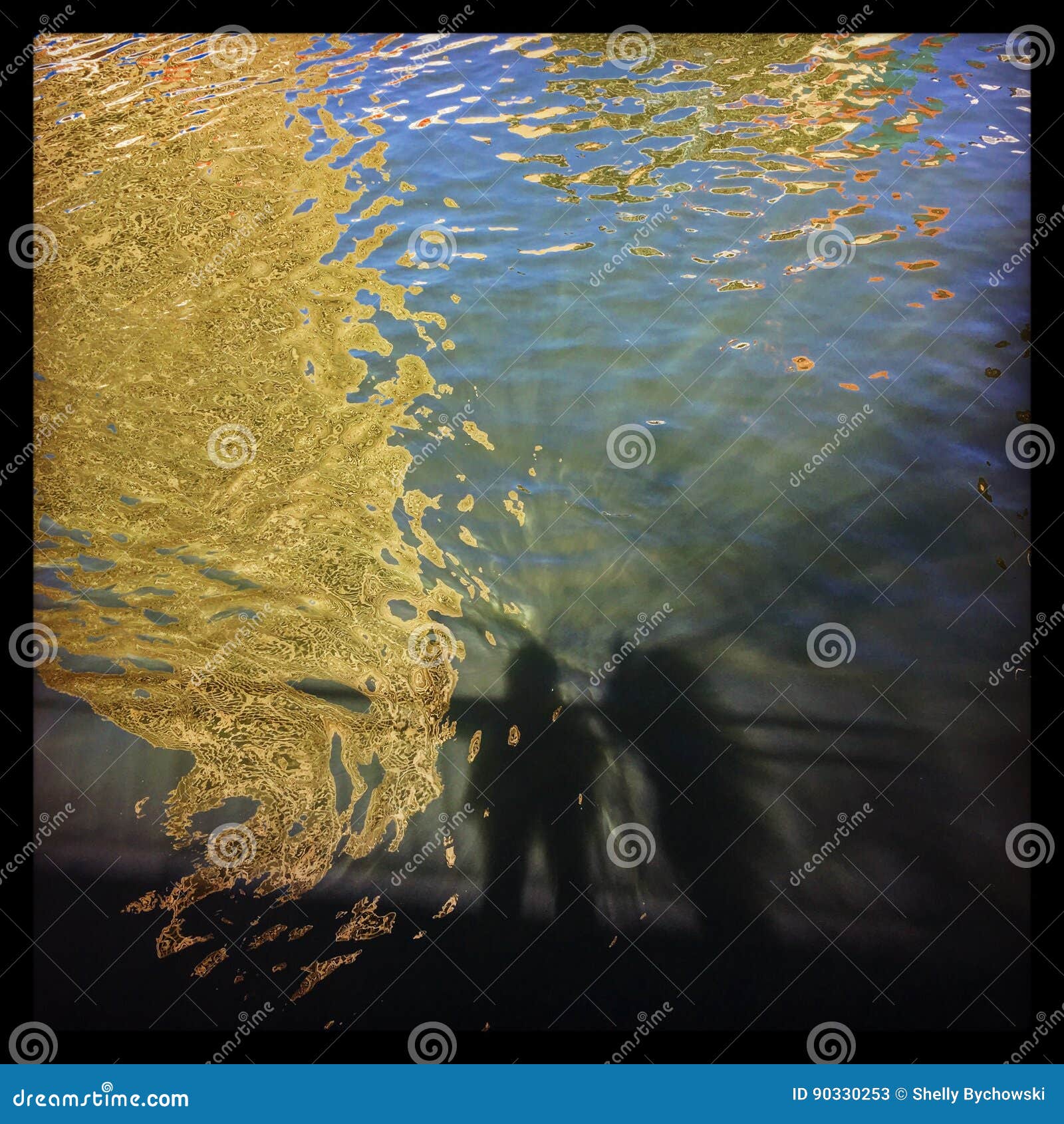 Chicago River with Shadows of People on Riverwalk and Reflection of ...