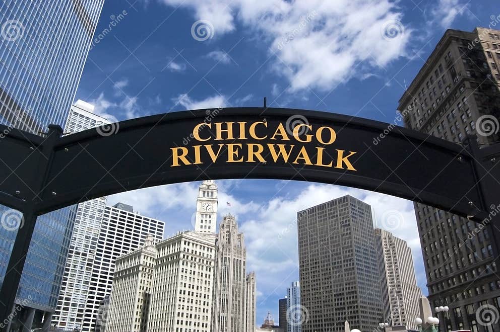 Chicago Riverwalk Sign stock photo. Image of high, glass - 22593466