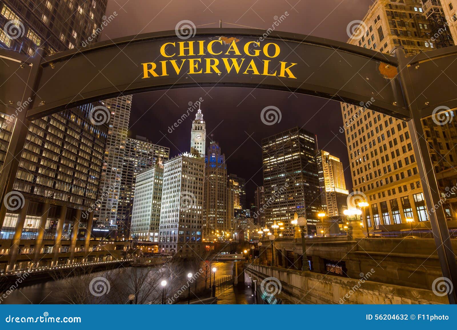 Chicago Riverwalk sign stock photo. Image of dusk, estate - 56204632