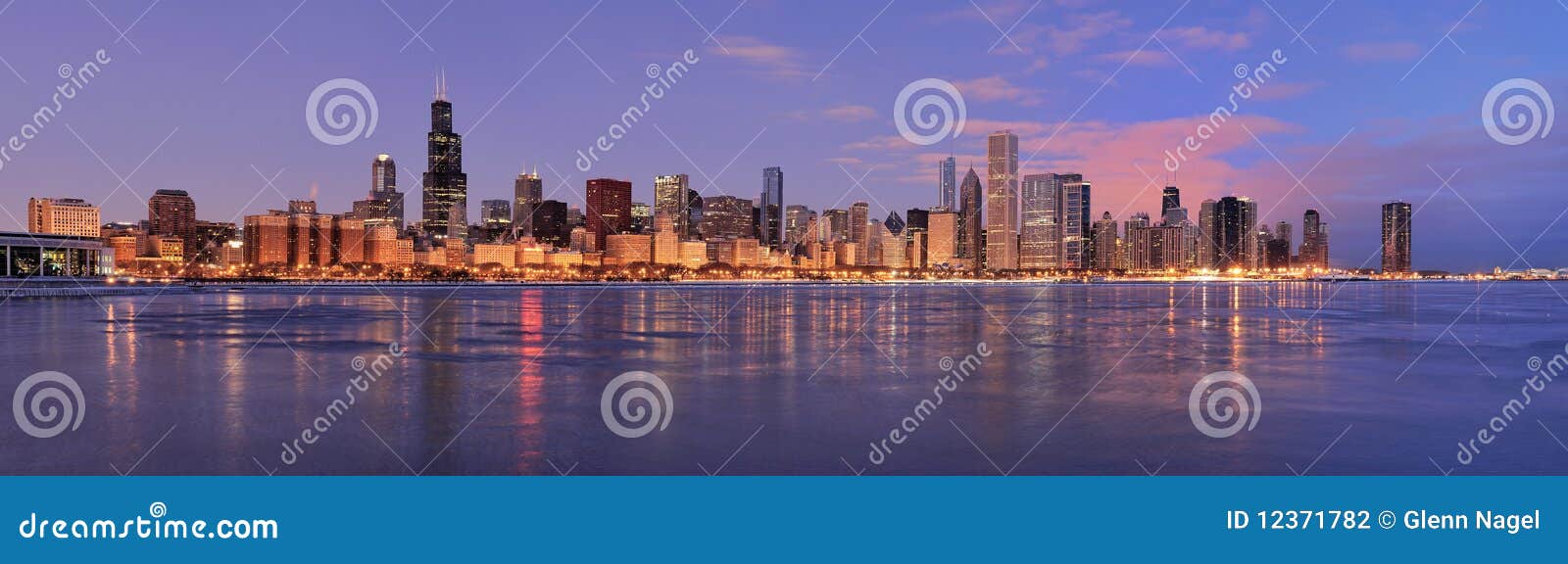 Chicago skyline at dawn stock photo. Image of panoramic - 12371782