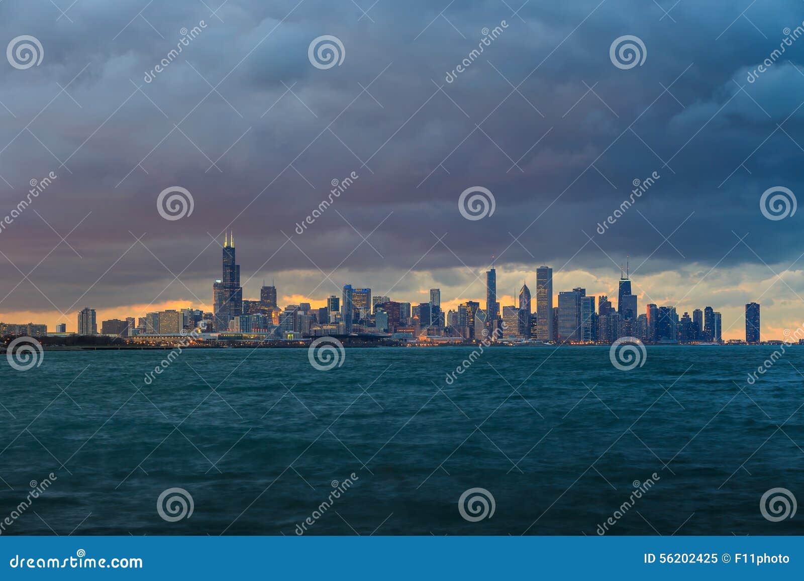 Chicago Skyline at dusk stock image. Image of michigan - 56202425