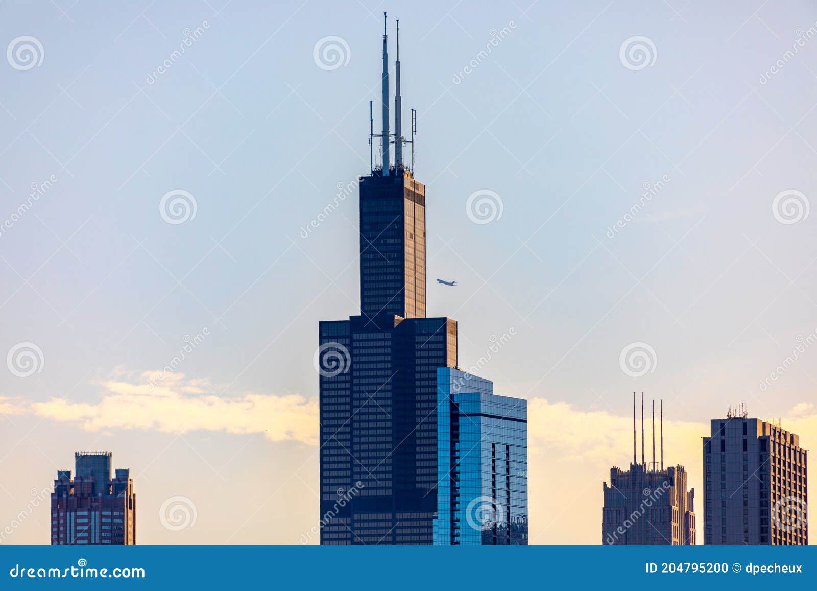 Chicago Skyline and Flying Plane Stock Photo - Image of tower, tourism ...