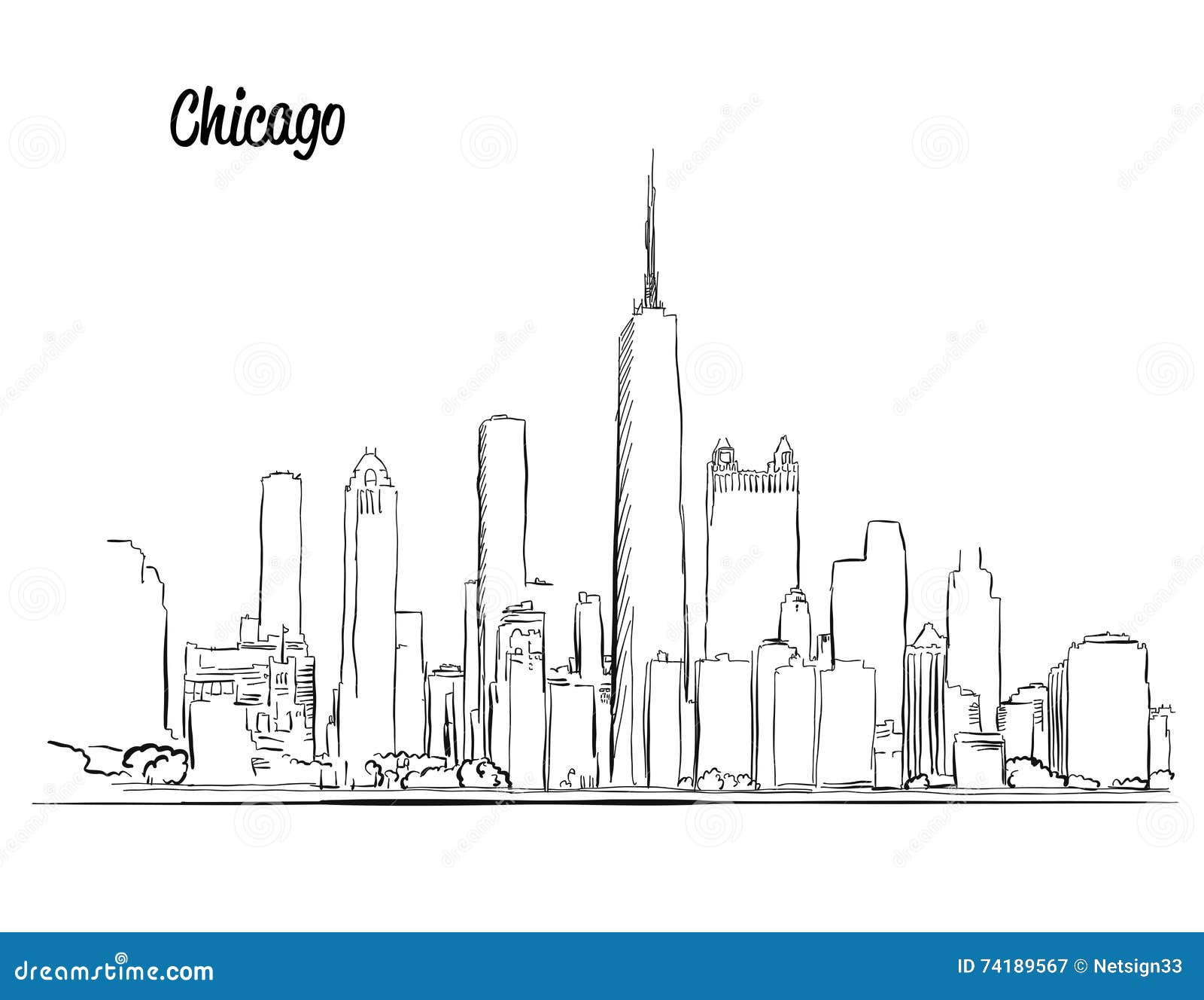 Chicago Skyline, Hand Drawn Silhouette Cartoon Vector | CartoonDealer ...