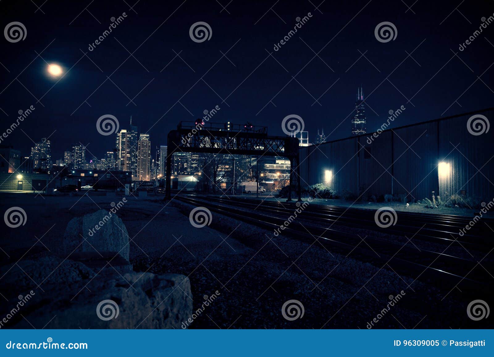 Chicago Skyline at Night with Train Tracks Leading into the City Stock ...