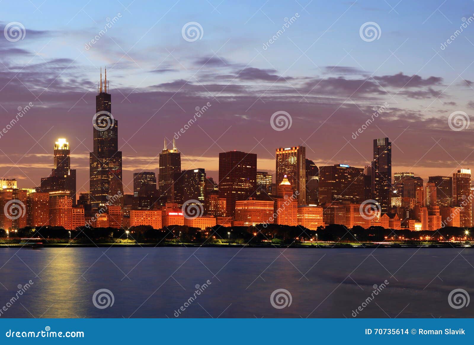 Chicago Skyline Panorama at Dusk Stock Photo - Image of evening, city ...