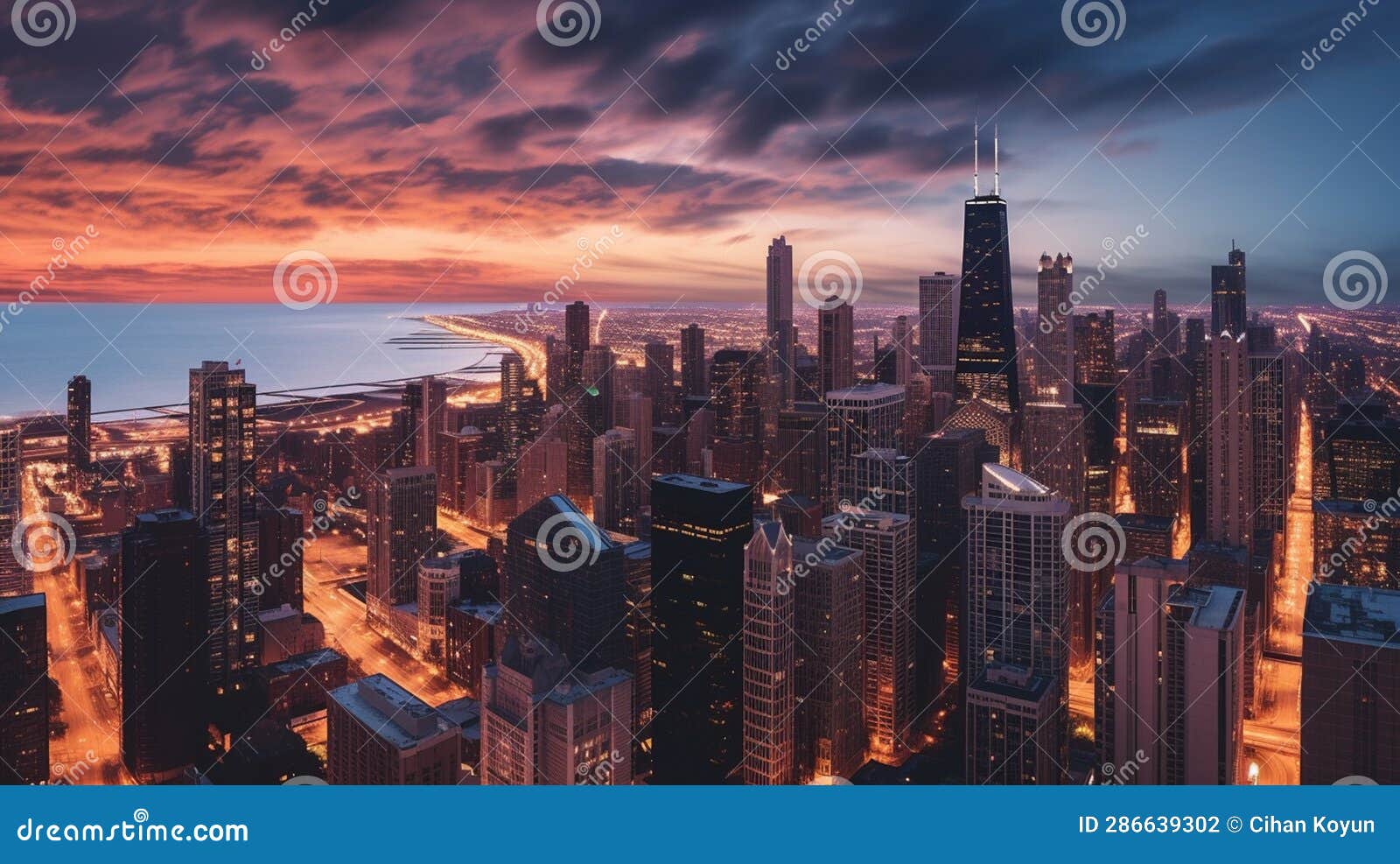 Chicago skyline at sunset stock illustration. Illustration of building ...