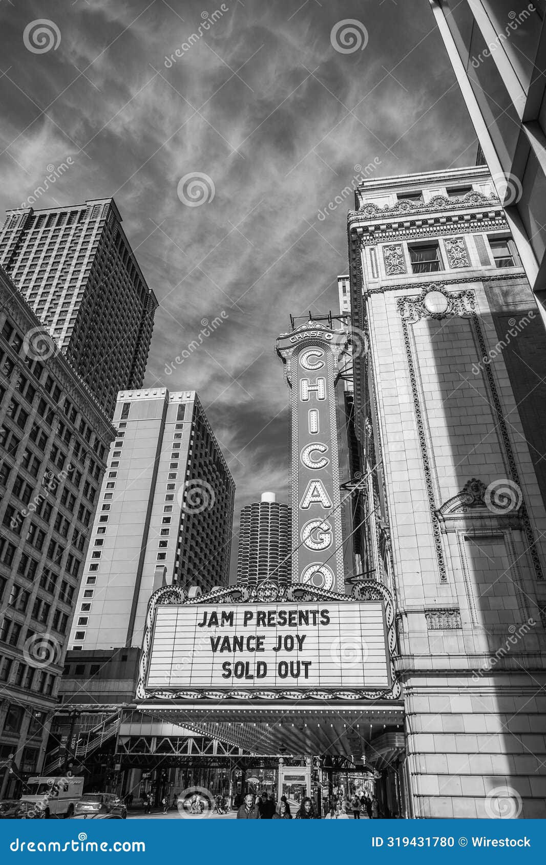 Chicago Theater Marquee in Urban Setting with Skyline Stock Photo ...