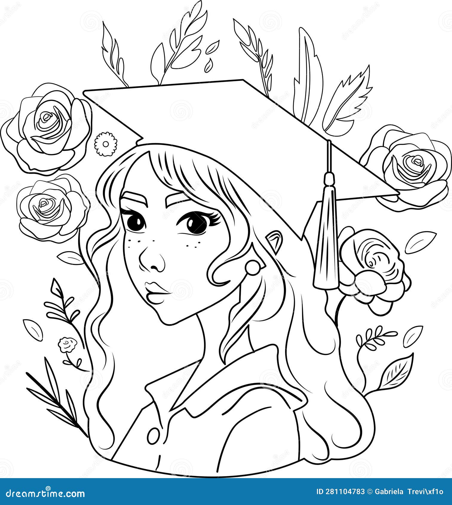 Graduated Girl with Flowers Line Art Illustration Stock Illustration ...
