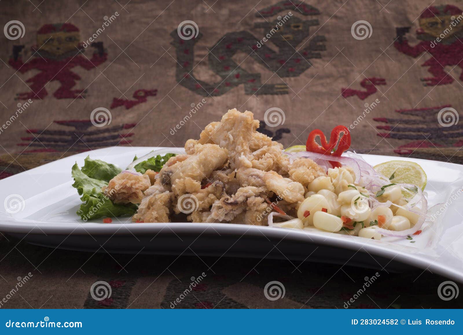 Chicharon Breaded Fried Fish ,and Corn Aji with Symbol Dish of Peruvian ...