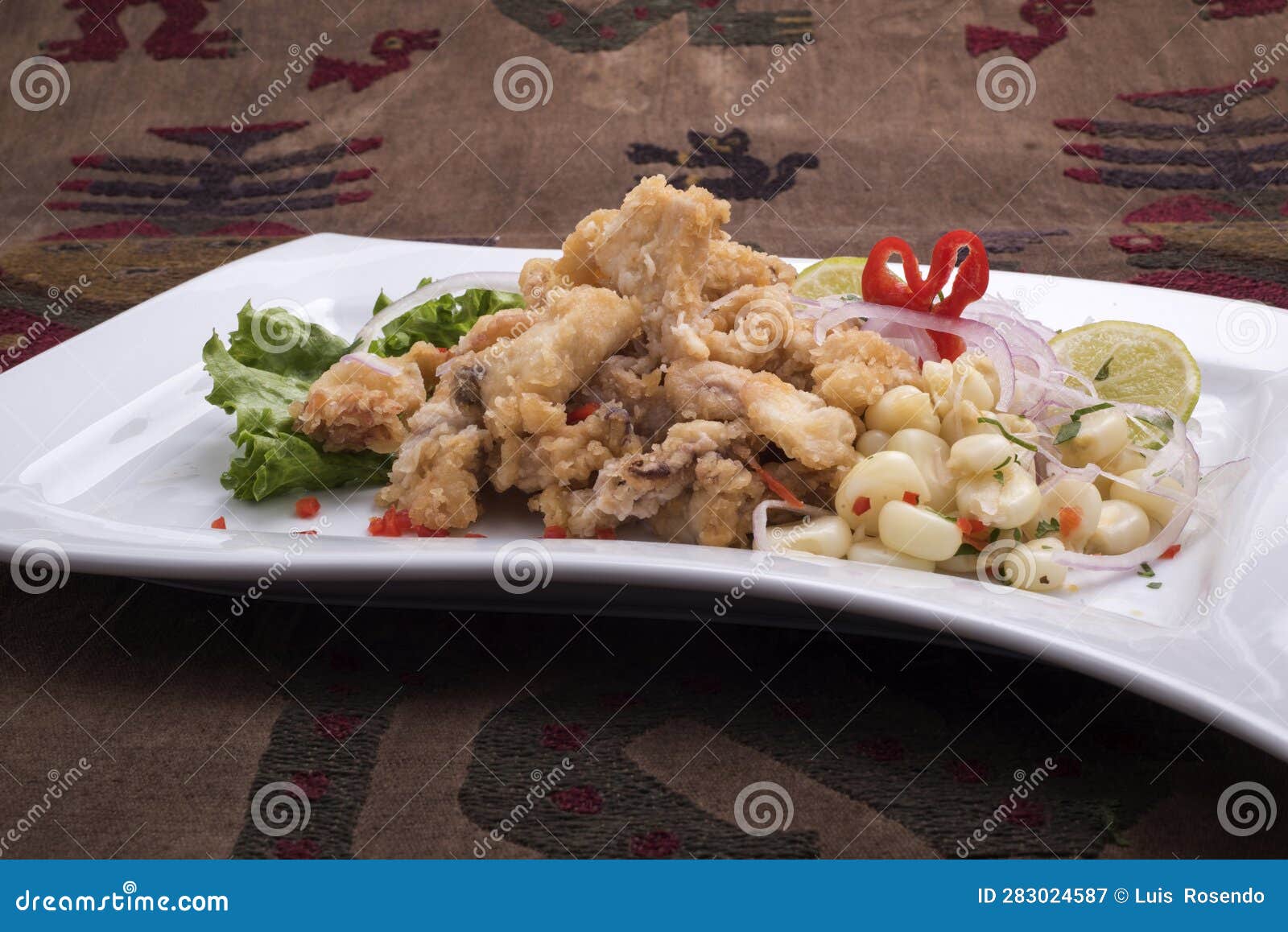 Chicharon Breaded Fried Fish ,and Corn Aji with Symbol Dish of Peruvian ...