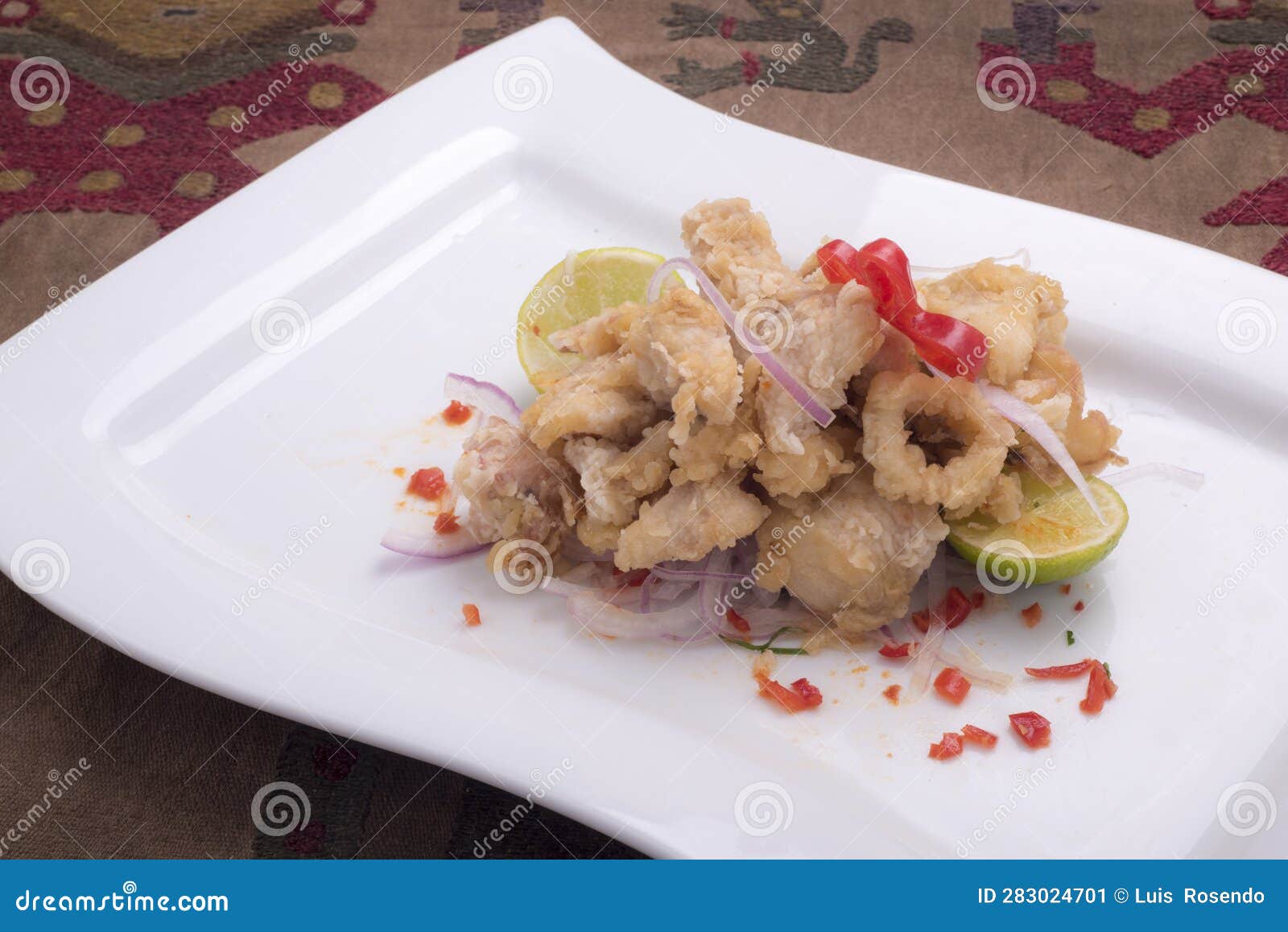 Chicharon Breaded Fried Fish and Corn, Aji with Symbol Dish of Peruvian ...