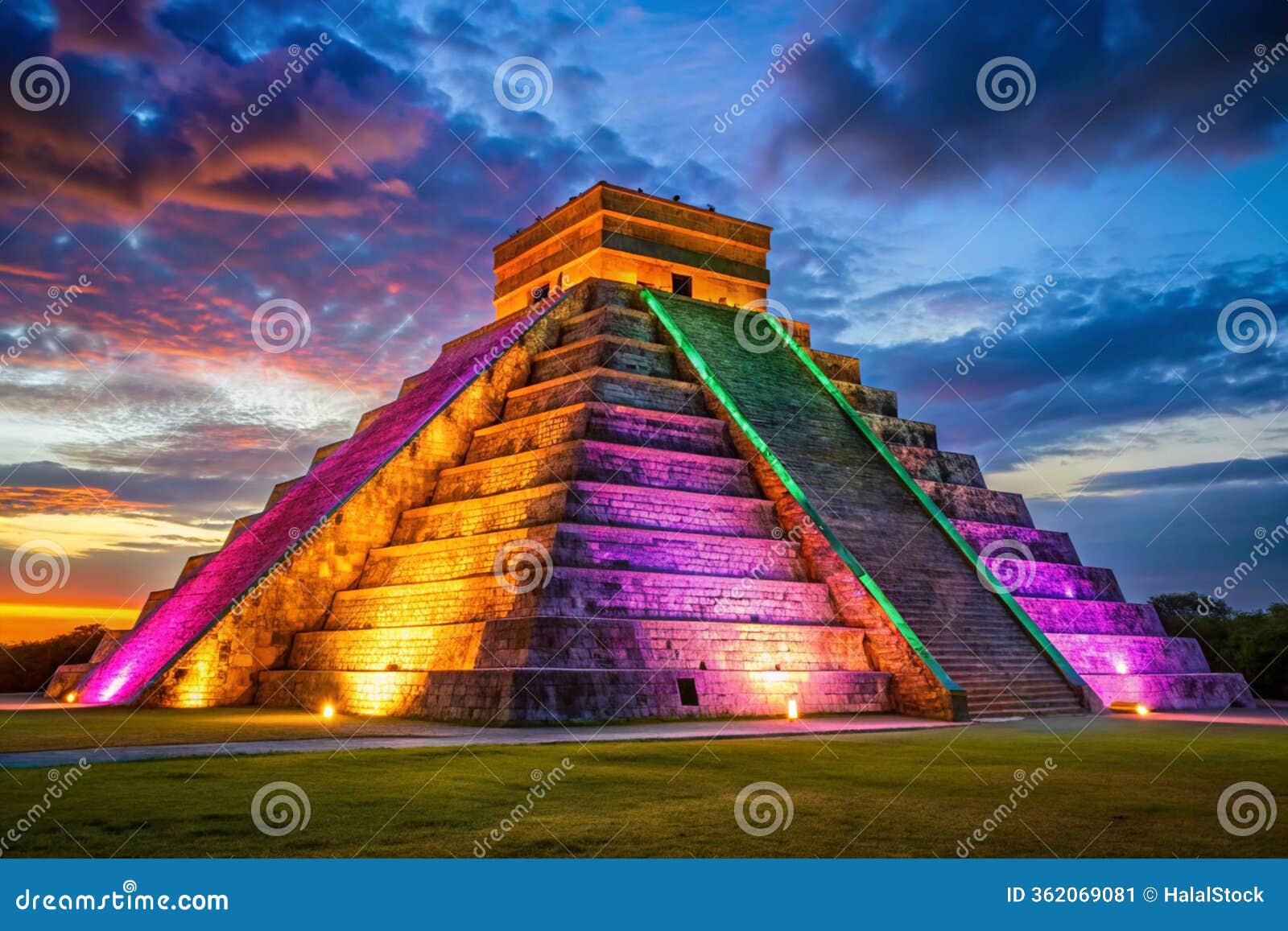 Chichen Itza Mayan Pyramid Night View Stock Illustration - Illustration ...