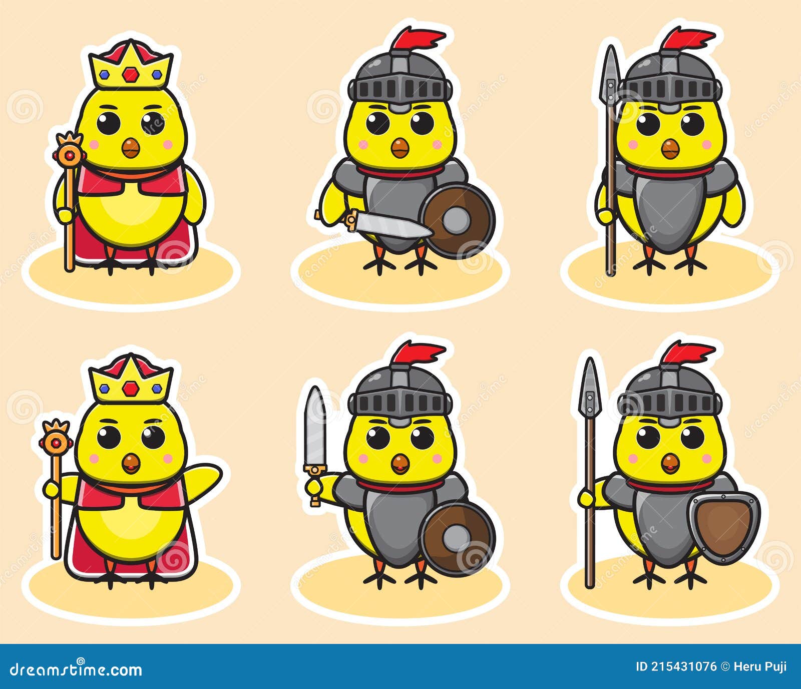 Vector Illustration Of Cute Little Chicken King And Knight Cartoon Set ...