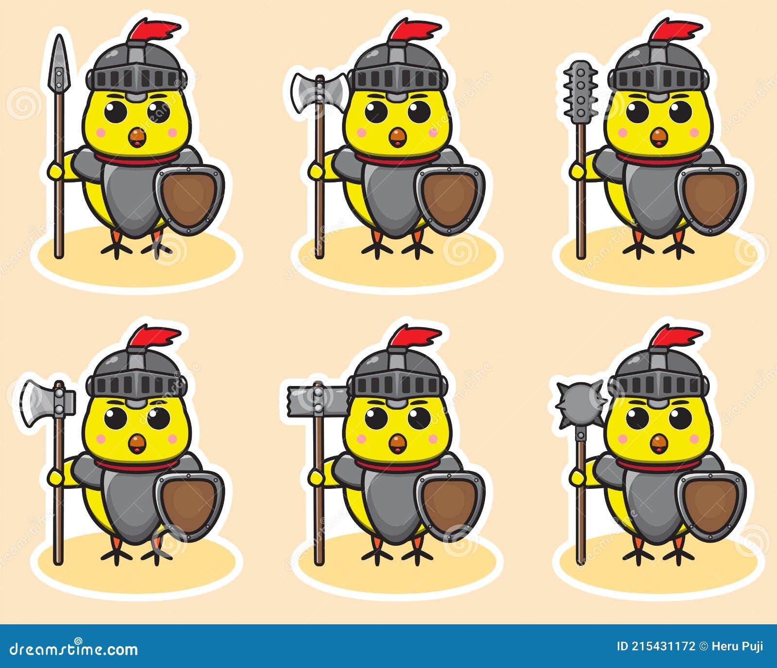 Cute Little Chicken Knight with Big Weapon Cartoon Set. Stock Vector ...