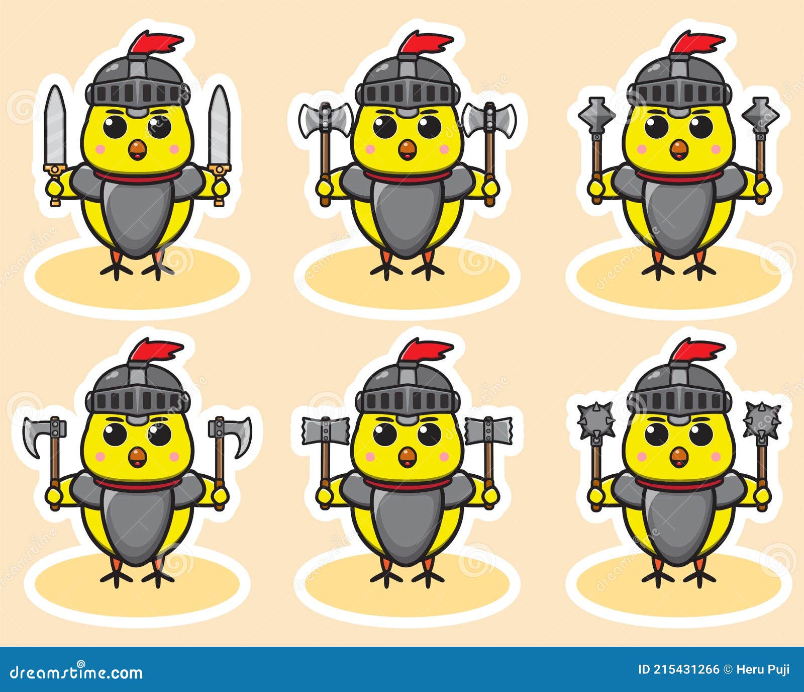 Little Chicken Knight with Dual Weapon Cartoon Set. Stock Vector ...