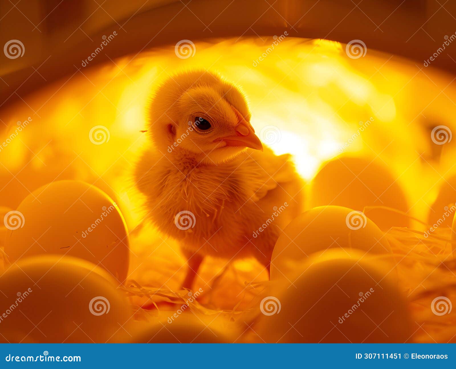 Chick in a Warm Glow of the Incubator, Surrounded by Unhatched Eggs ...