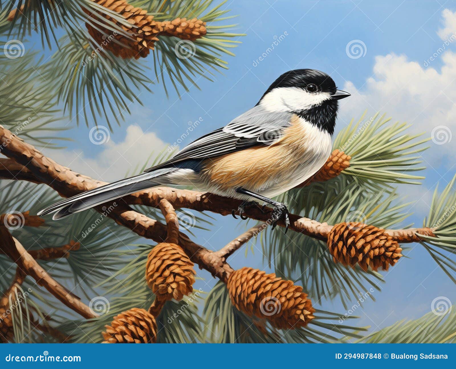 Chickadee with a Pine Cone stock illustration. Illustration of cone - 294987848