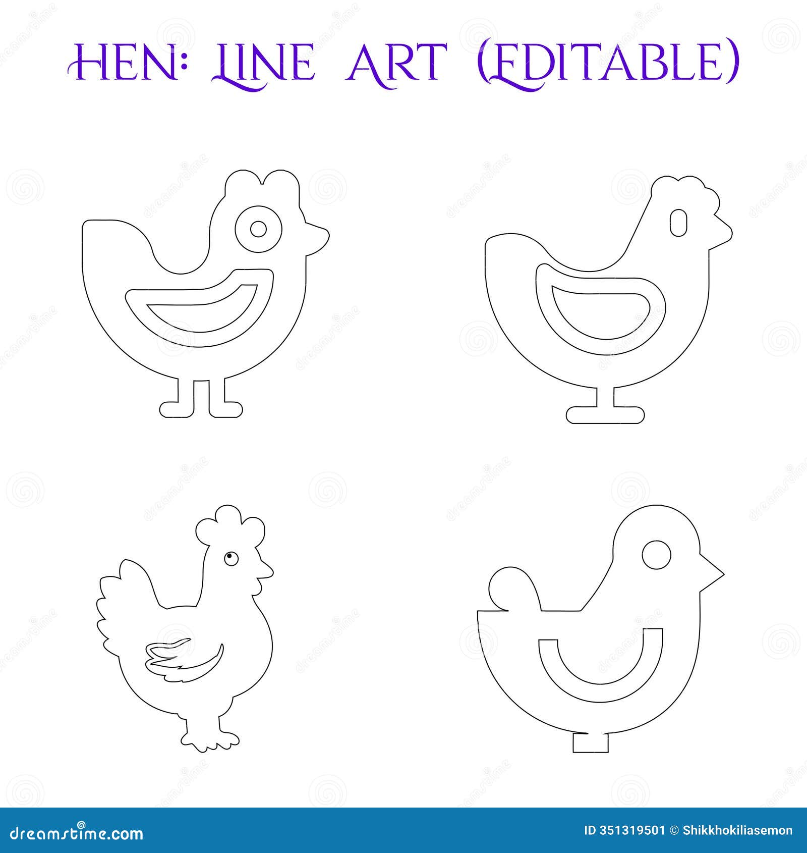 Hen Line Art Design. Four Stylized Hens in Digital Line Art. Digital ...