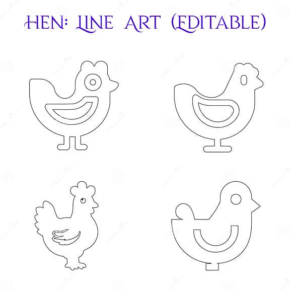 Hen Line Art Design. Four Stylized Hens in Digital Line Art. Digital ...