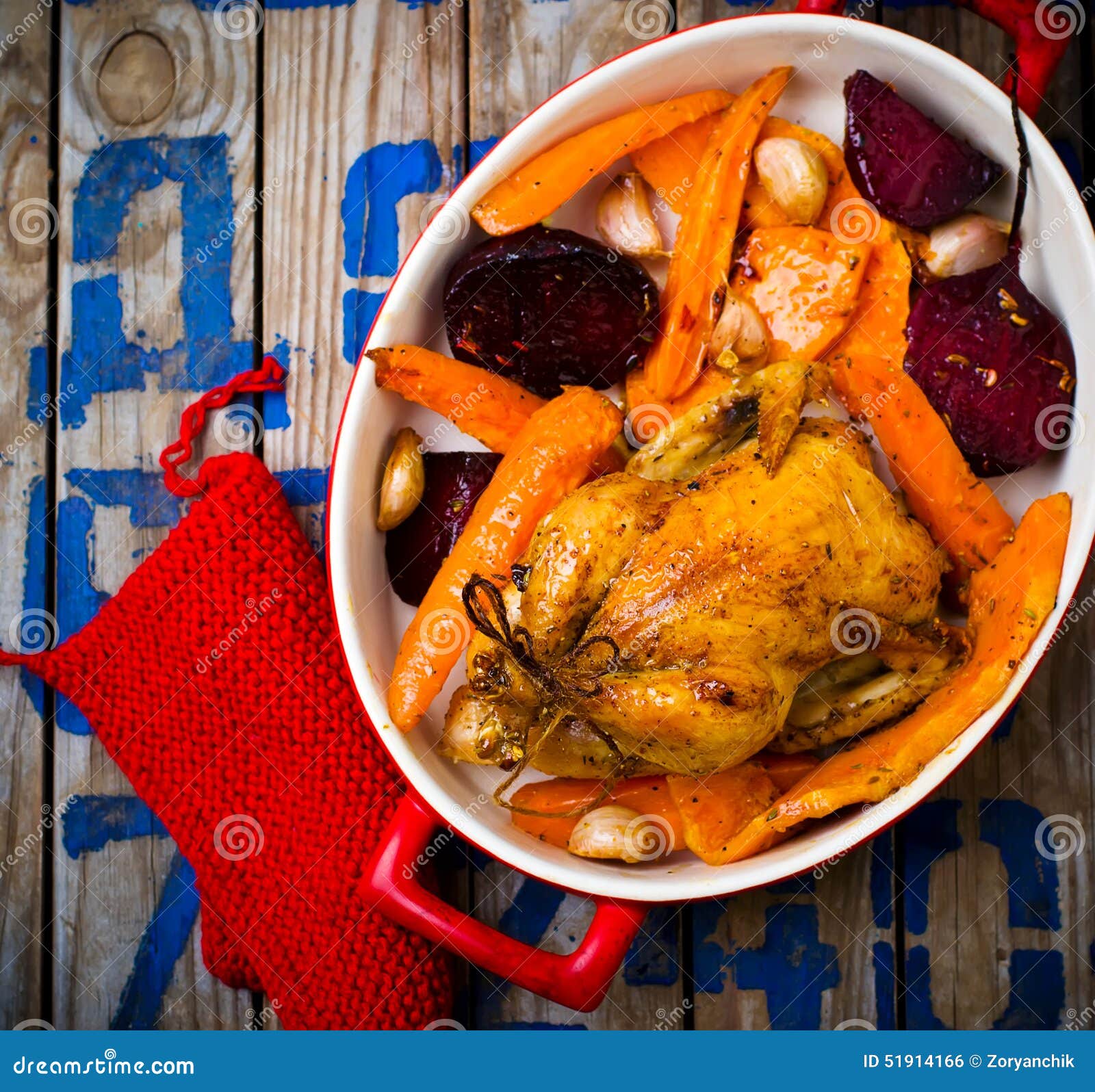 The Chicken Baked with Root Crops. Stock Photo - Image of purple ...