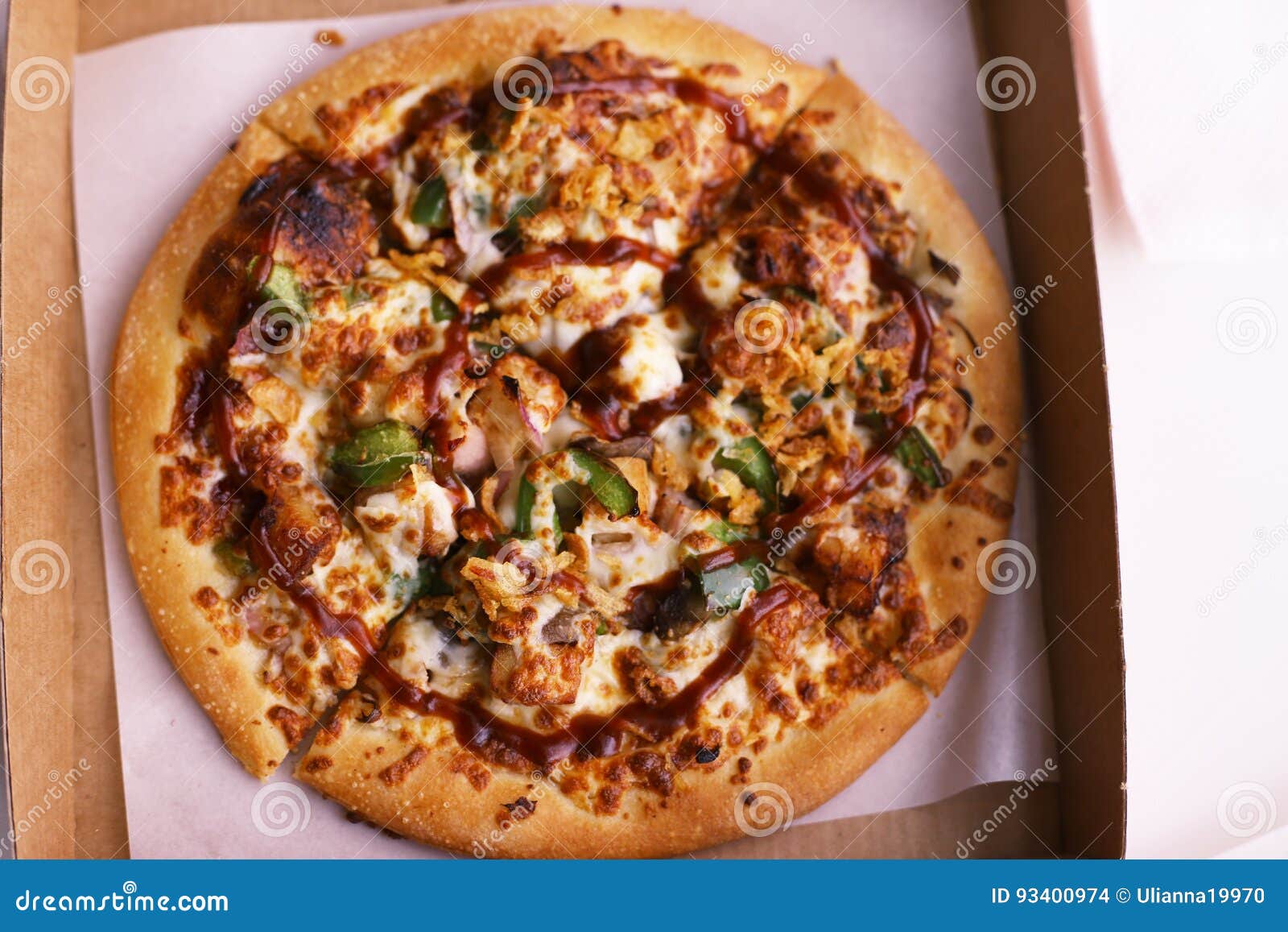 Chicken Barbeque Pizza in Box Close Stock Photo - Image of cook, space ...