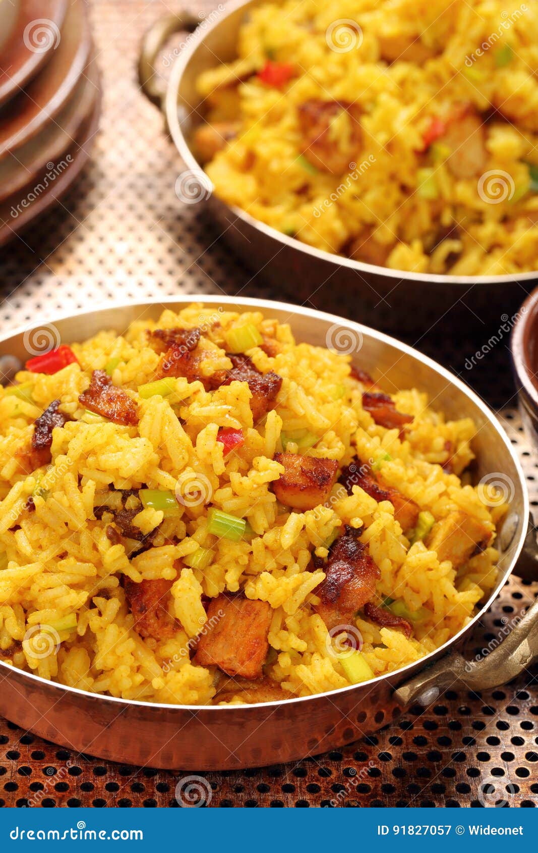 Chicken with Basmati Rice Fried in Stainless Pan Stock Image - Image of ...