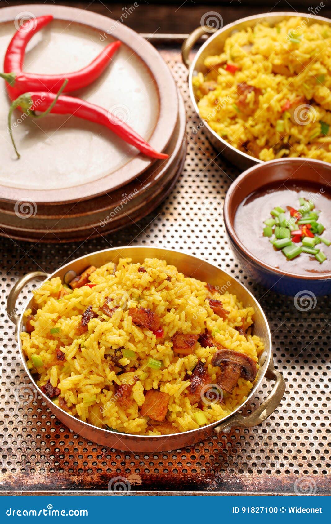 Chicken with Basmati Rice Fried in Stainless Pan Stock Photo - Image of ...