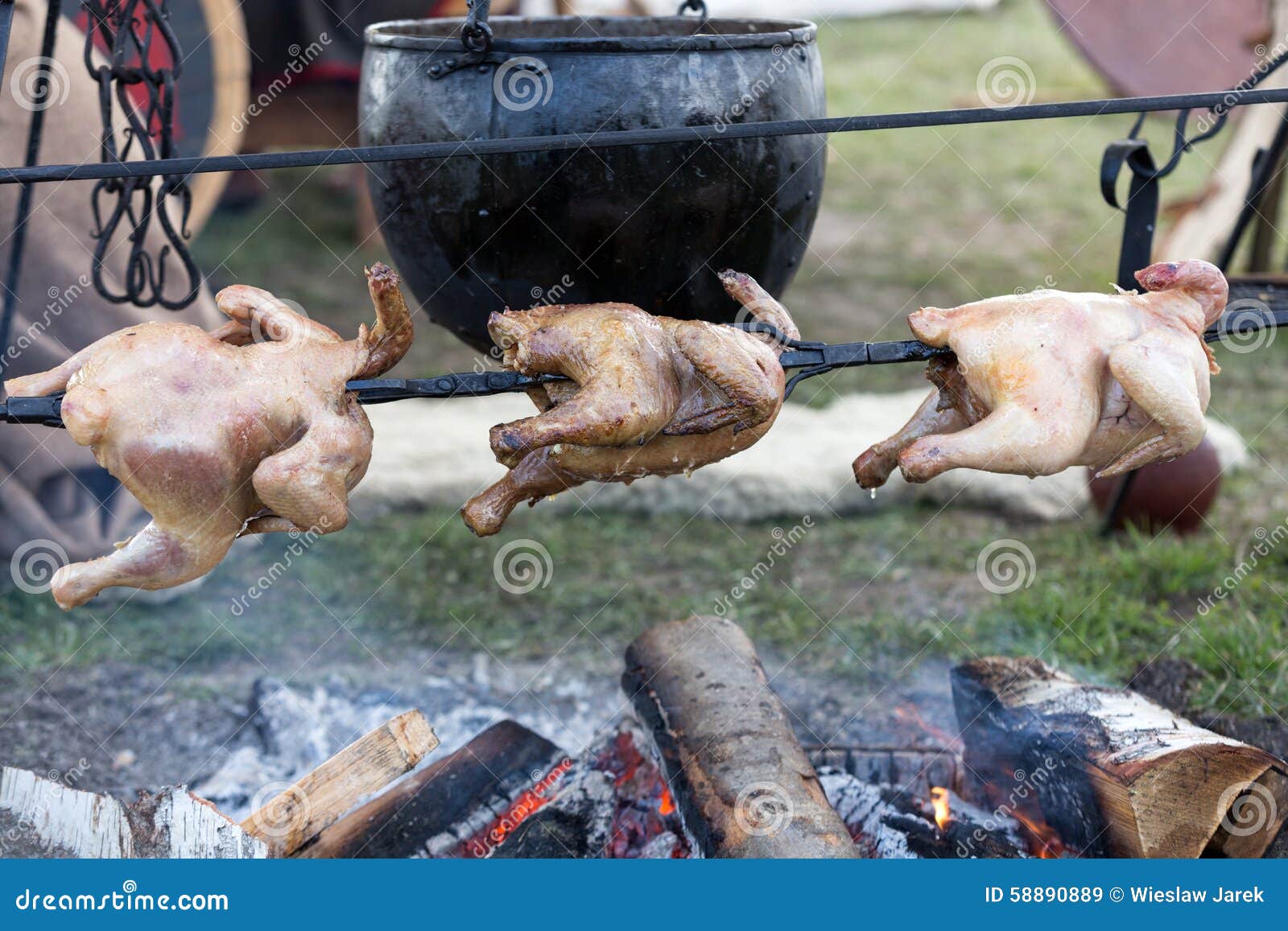 Chicken Being Roasted on an Open Fire Stock Image - Image of grilling ...