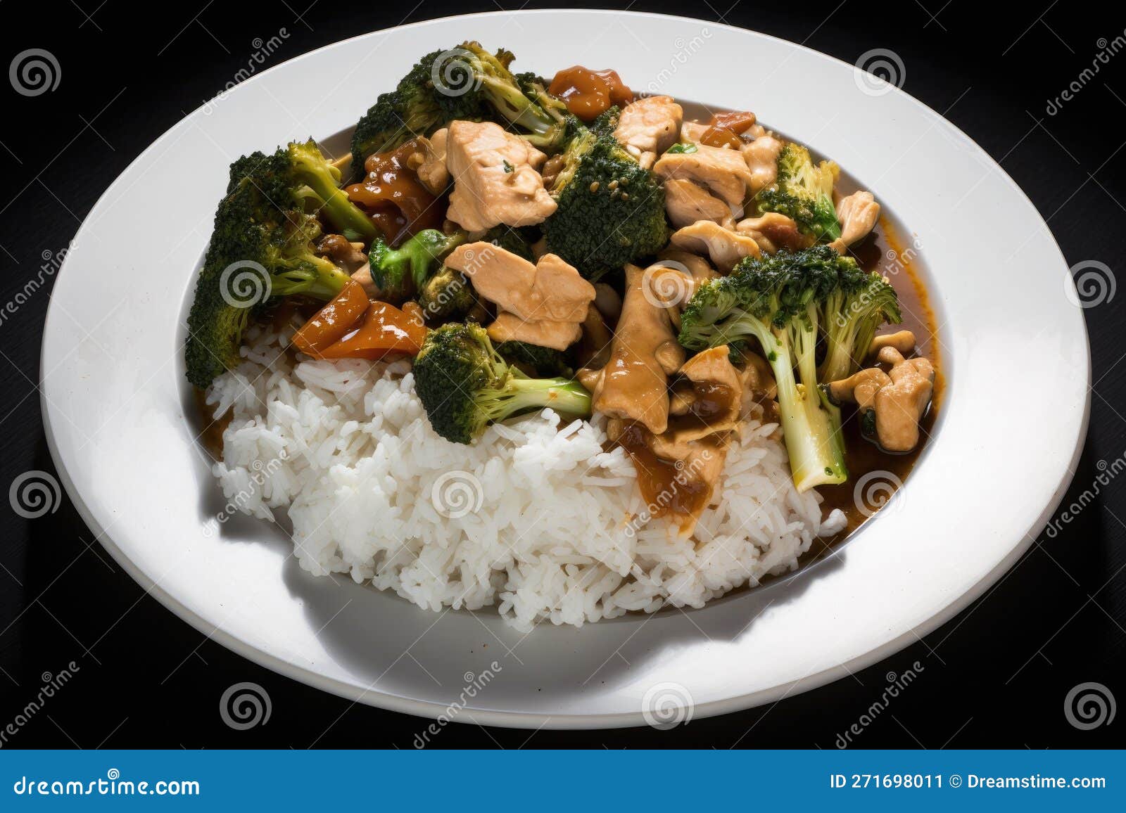 Chicken and Broccoli Over Rice, Stir Fried, Served on a White Plate ...