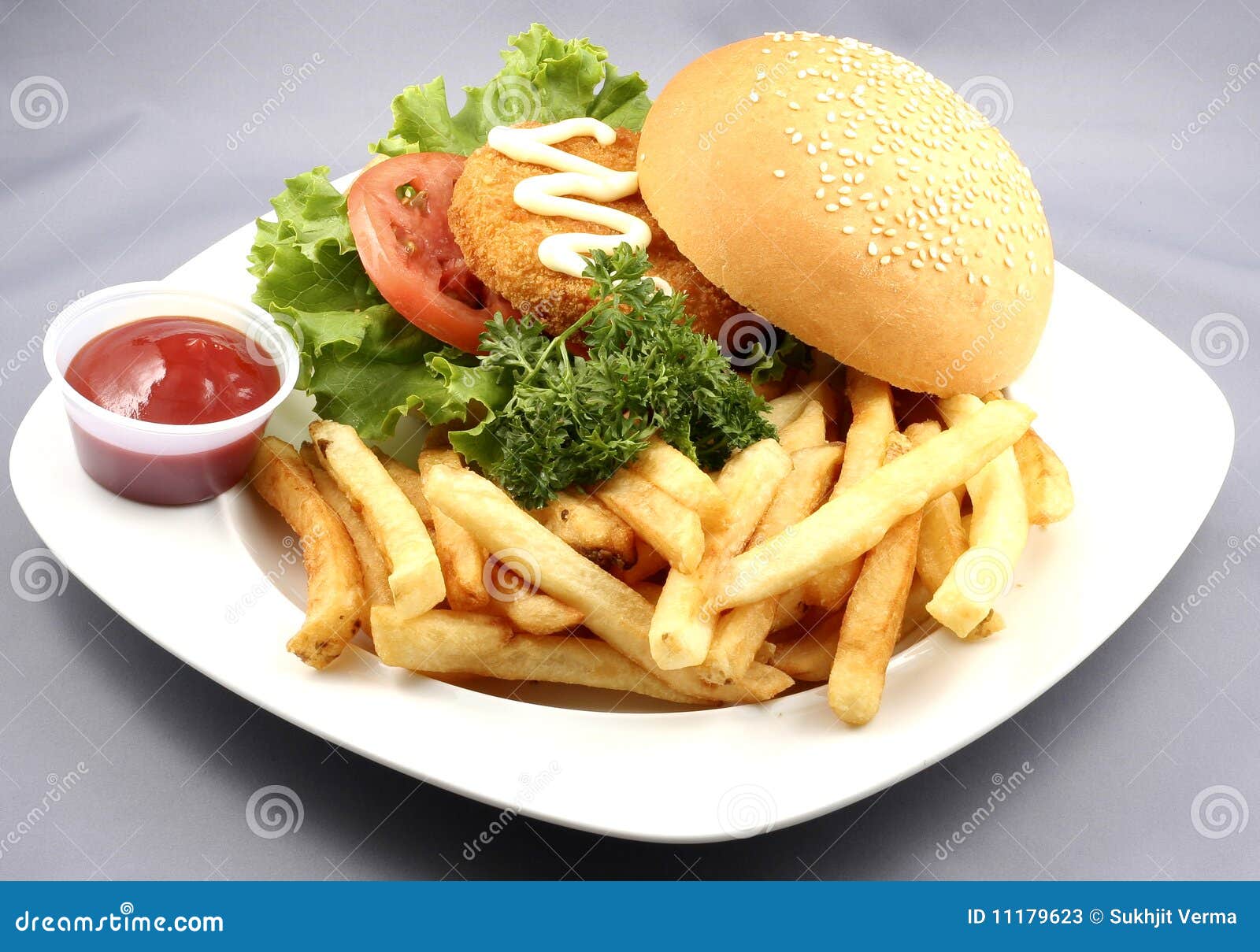 Chicken burger combo stock image. Image of tomatoes, burger - 11179623