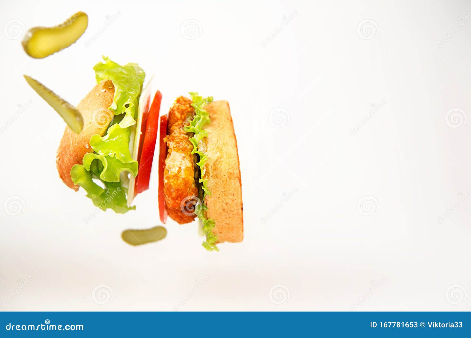 Chicken Burger Flying in the Air on Light Background Stock Image ...