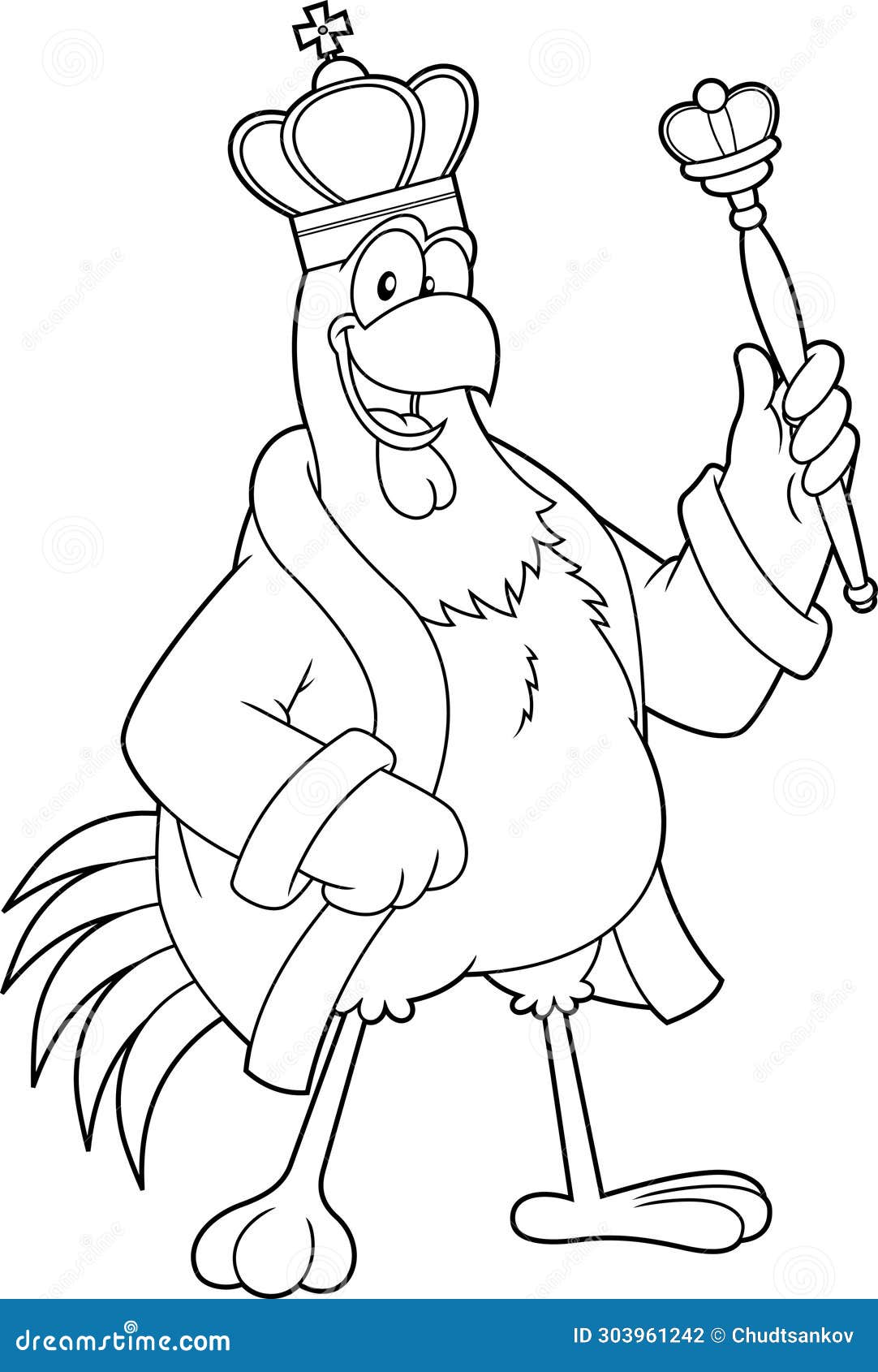 Outlined Chicken Rooster King Cartoon Character with Golden Crown and ...