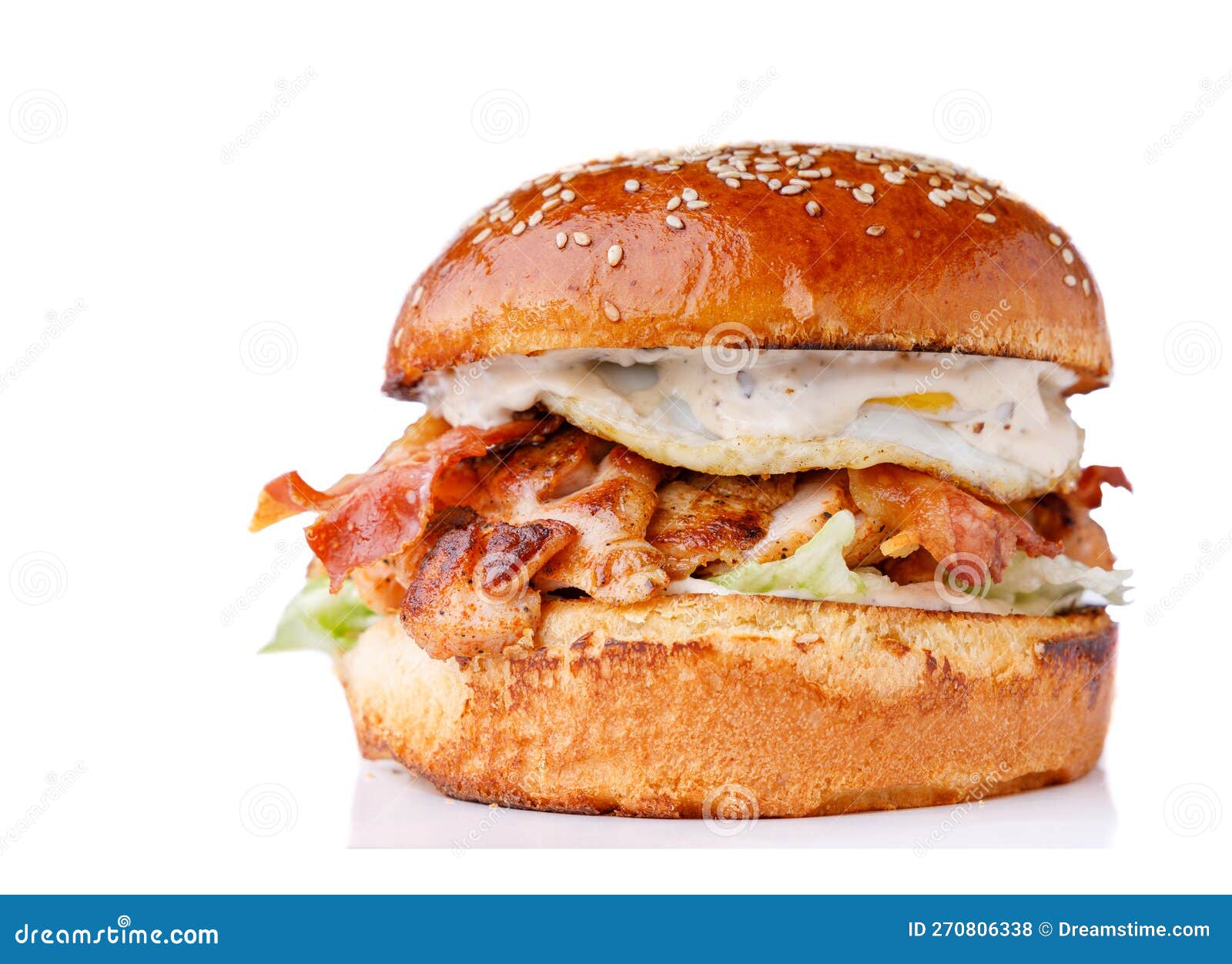 Chicken Caesar Burger with Scrambled Eggs on White Background for ...