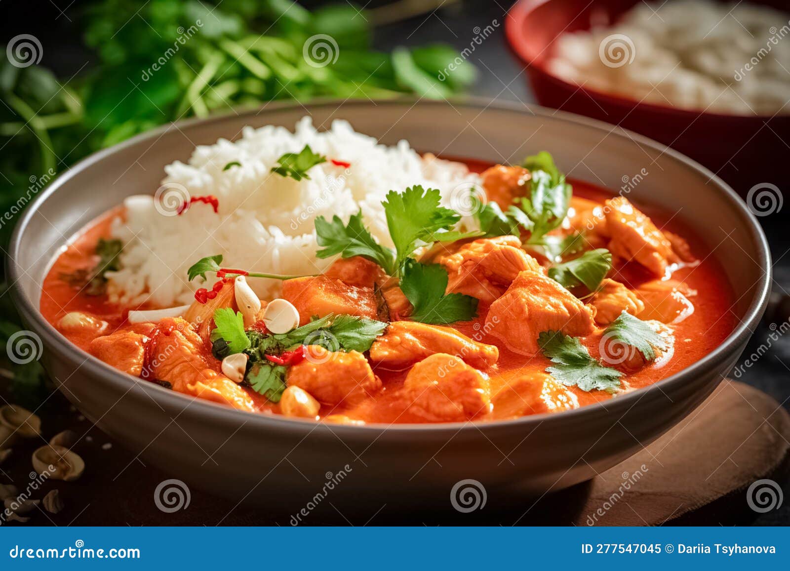 Chicken and Cashew Red Curry with Rice and Herbs. Stock Illustration ...