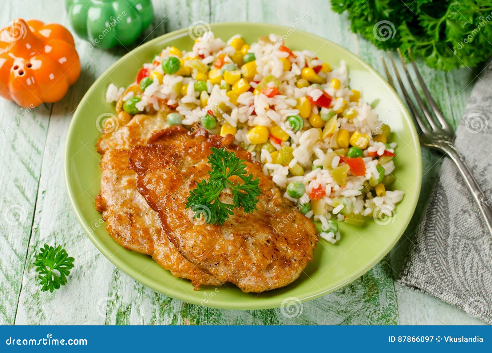 Chicken Chops with Rice and Vegetables Stock Image - Image of german ...