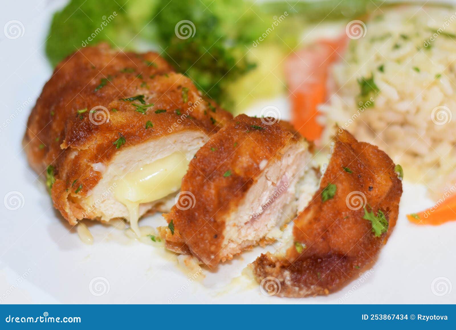 Chicken Cordon Bleu stock photo. Image of broccoli, dish - 253867434
