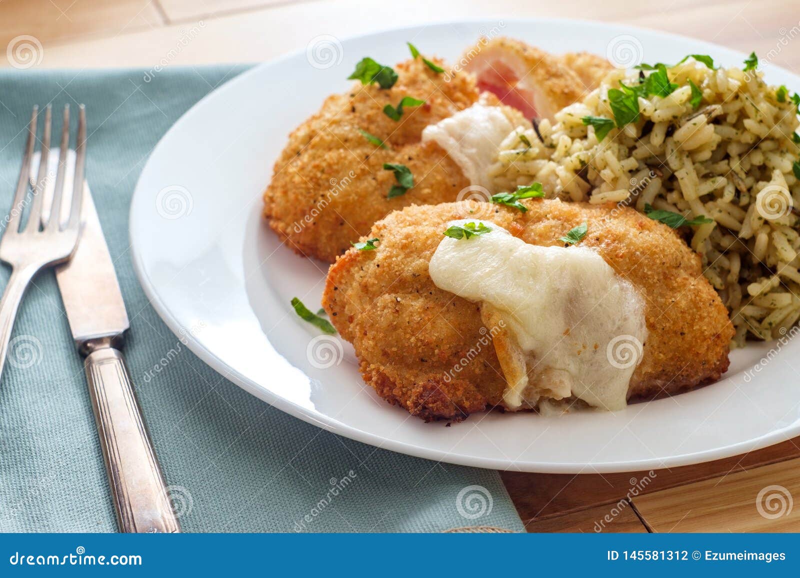 Chicken Cordon Bleu Rice stock photo. Image of deep - 145581312