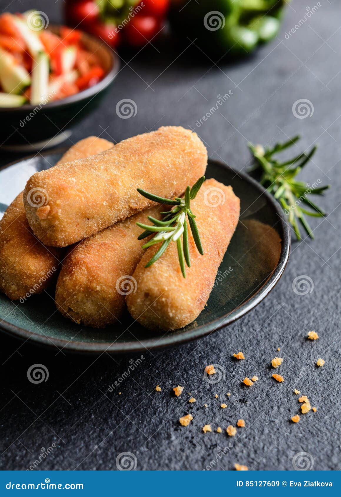 Chicken Croquettes Served with Vegetable Salad Stock Image - Image of ...